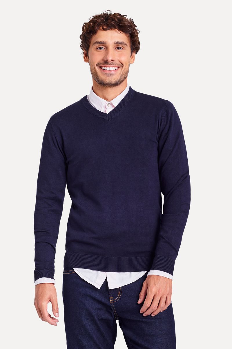 Suéter Básico Masculino de Tricot com Decote V Azul Marinho Masculino ...